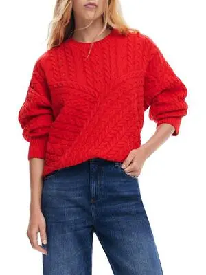 Desigual Exeter Cable Crewneck Sweater - Red