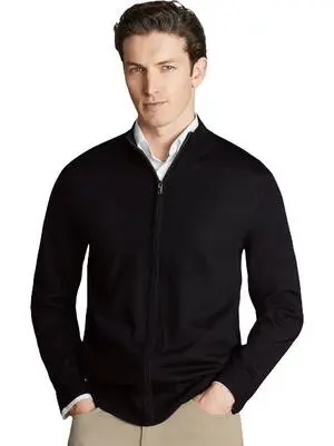 CHARLES TYRWHITT Pure Merino Full Zip Through Cardigan - Black