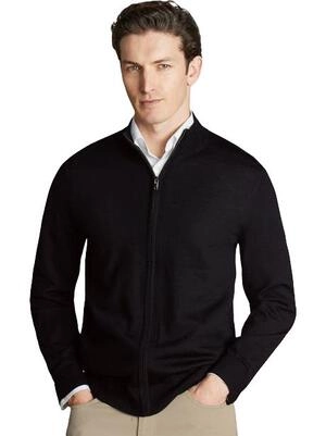 CHARLES TYRWHITT Pure Merino Full Zip-through Cardigan - Black