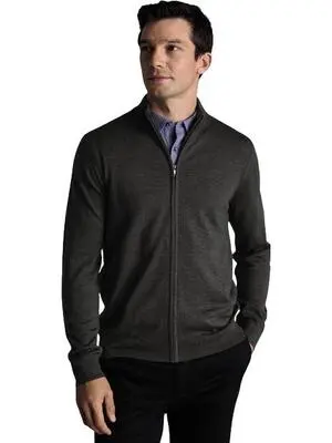 CHARLES TYRWHITT Pure Merino Full Zip Through Cardigan - Grey