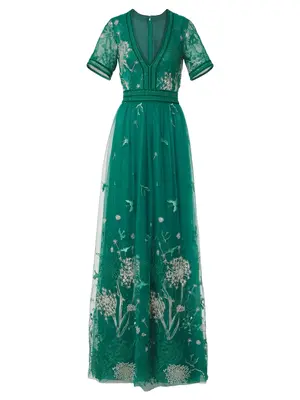 Costarellos Floral Embroidered Gown - Green