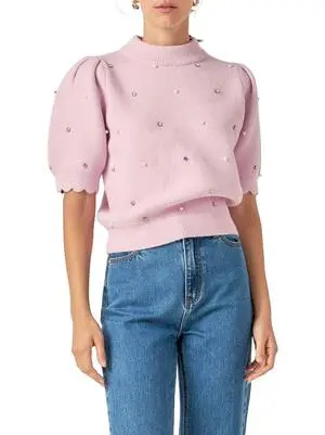 English Factory Embellished Short Sleeve Sweater - Lilac
