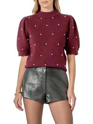 English Factory Embellished Short Sleeve Sweater - Wine