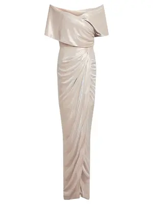 RHEA COSTA Off-the-shoulder Wrap-effect Metallic Gown - Neutral