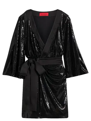 Halston Saga Draped Sequined Mesh Mini Wrap Dress - Black