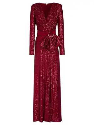 RHEA COSTA Belted Sequined Tulle Gown