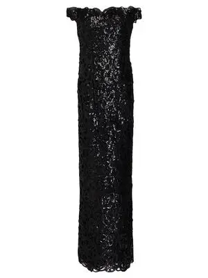 Marchesa Off-The-Shoulder Sequined Guipure Lace Gown In Black - 60% Off |  Editorialist