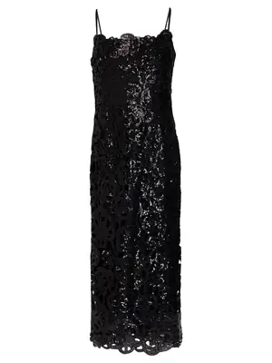 Marchesa Sequined Guipure Lace Midi Dress - Black