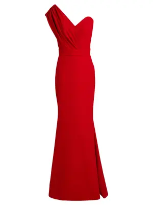 RHEA COSTA One-shoulder Pleated Gown - Red