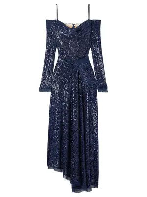 JASON WU Asymmetric Cold-shoulder Sequined Chiffon Maxi Dress - Navy