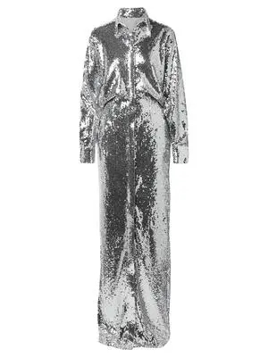 Brandon Maxwell Sequined Tulle Maxi Shirt Dress - Silver