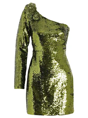 Marchesa One-sleeve Sequined Tulle Mini Dress - Lime Green
