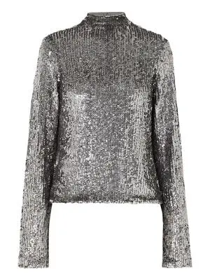 INTERIOR Frances Sequined Stretch-tulle Turtleneck Top - Silver