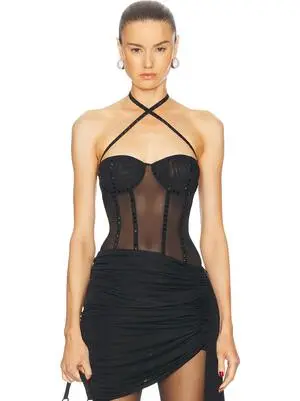 Oseree Crystal Necklace Bodysuit - Black