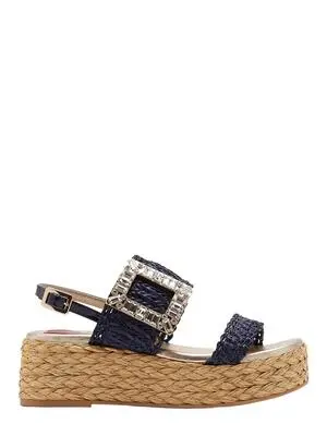 ROGER VIVIER Strass-embellished Buckle Raffia Platform Sandals - Navy