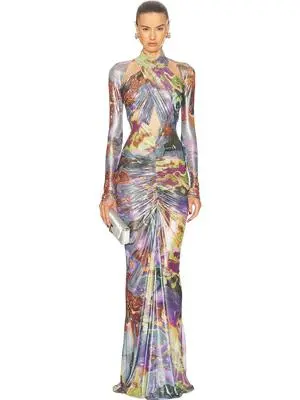 Lapointe Printed Mesh Halter Gown - Marble