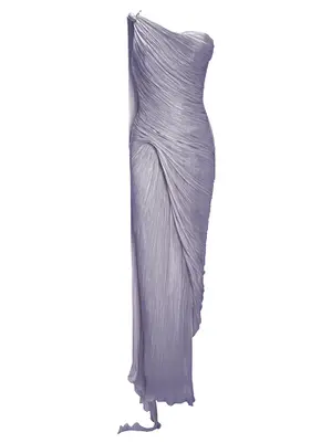 MARMAR HALIM Pleated Asymmetric Silk-Chiffon Gown Grey