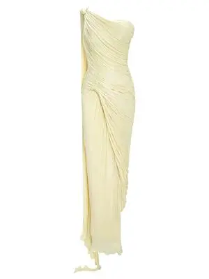 MARMAR HALIM Pleated Asymmetric Silk-Chiffon Gown Yellow