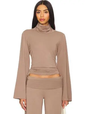 BOBI Long Sleeve Jersey Top With Bell Sleeves And Side Ruching - Beige