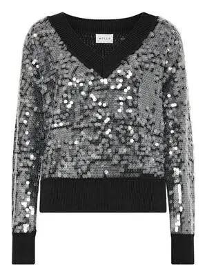 MILLY Ilaria Sequin V-neck Long Sleeve Sweater - Black