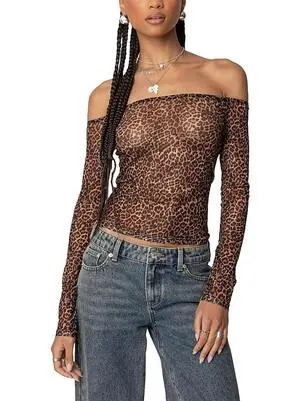 EDIKTED Sheer Mesh Off-shoulder Top - Leopard