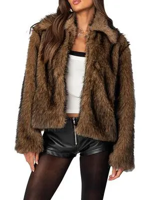 EDIKTED Faux Fur Jacket - Brown
