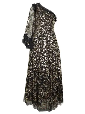 NEEDLE & THREAD Falling Leaves Sequin Midi Dress - Black