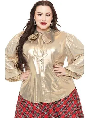 Unique Vintage Long Sleeve Neck Tie Blouse Gold