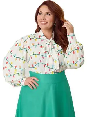 Unique Vintage Long Sleeve Neck Tie Blouse White Lights
