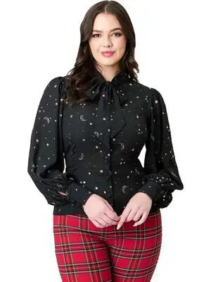 Unique Vintage Long Sleeve Neck Tie Gwen Blouse - Black Celestial