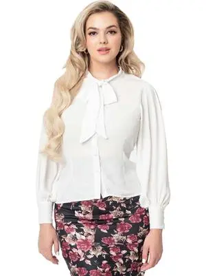 Unique Vintage Long Sleeve Neck Tie Gwen Blouse - White