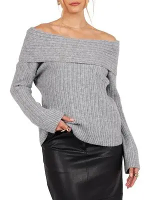 PETAL & PUP Kenny Off-the-shoulder Ribbed Sweater - Light/pastel Grey