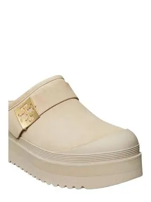 Tory Burch Mellow Suede Shearling Platform Loafer Mules - Beige