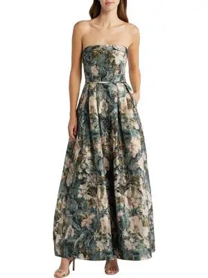 TAHARI ASL Floral Strapless Ball Gown - Blush Sage Multi