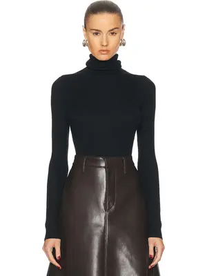 Enza Costa Silk Rib Turtleneck Top - Black