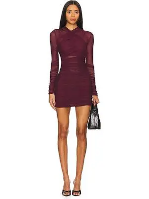 SEROYA Ruched Mesh Mini Dress - Wine