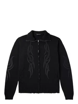 Balenciaga Oversized Distressed Printed Knitted Zip-up Cardigan - Black