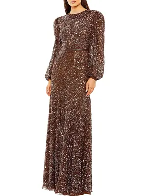 MAC DUGGAL Sheer Long Sleeve Beaded Gown