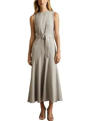 REISS Danni Cap-sleeve Belted Midi Dress - Grey