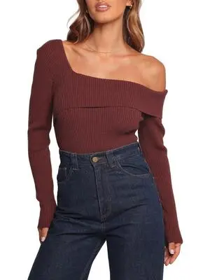 PETAL & PUP Aleena One-shoulder Ribbed Sweater - Chocolate Brown
