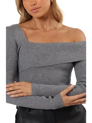 PETAL & PUP Petal & Pup Aleena One-Shoulder Ribbed Sweater Grey