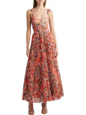 HUTCH Smocked Tulle Gown - Orange Painted Lush Tropical