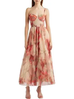 HUTCH Smocked Tulle Gown - Taupe/ Red
