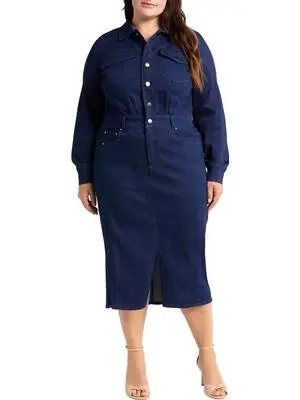 Universal Standard Dakota Long Sleeve Denim Midi Shirtdress - Dark Indigo