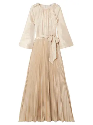 Simkhai Varenya Belted Pleated Metallic Lamé Maxi Dress - Gold