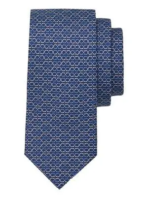 FERRAGAMO Gancini Print Silk Tie - Blue