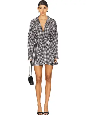 Norma Kamali Oversized Shirt Flared Mini Dress - Large Houndstooth