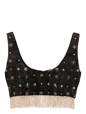 FORTE_FORTE Fringed Bead-embellished Crop Top - Black