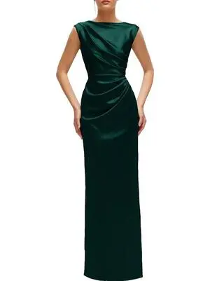 After Six Pleated Cap-sleeve Charmeuse Gown - Evergreen