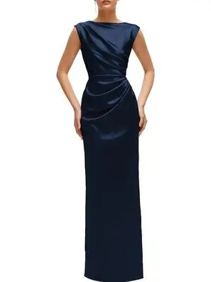 After Six Pleated Cap-sleeve Charmeuse Gown - Midnight
